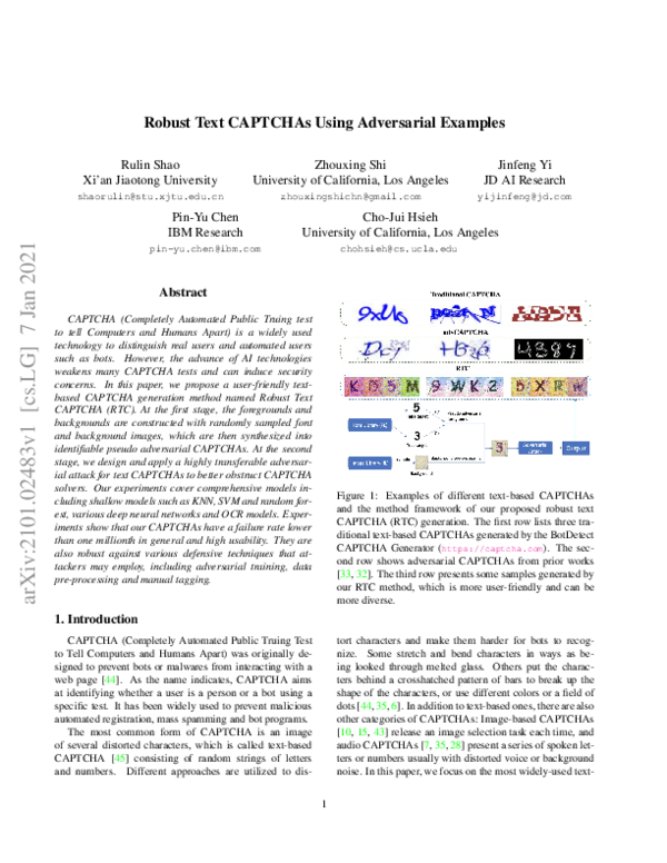 (PDF) Robust Text CAPTCHAs Using Adversarial Examples | Jinfeng Yi - Academia.edu