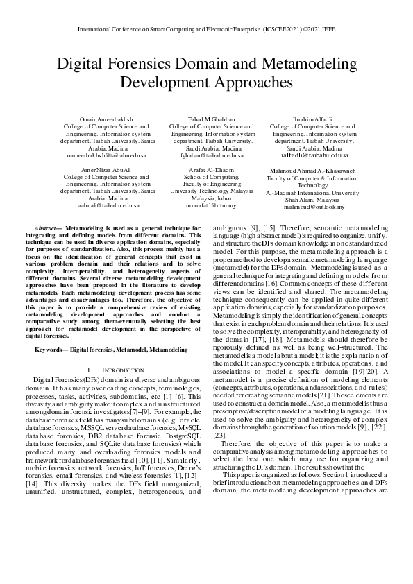 (PDF) Digital Forensics Domain and Metamodeling Development Approaches