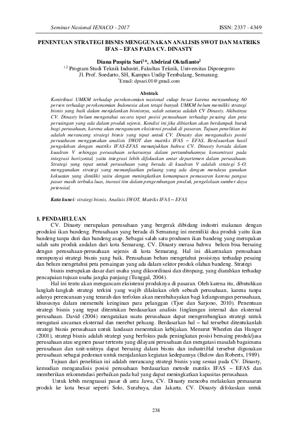 (PDF) Penentuan Strategi Bisnis Menggunakan Analisis SWOT dan Matriks ...