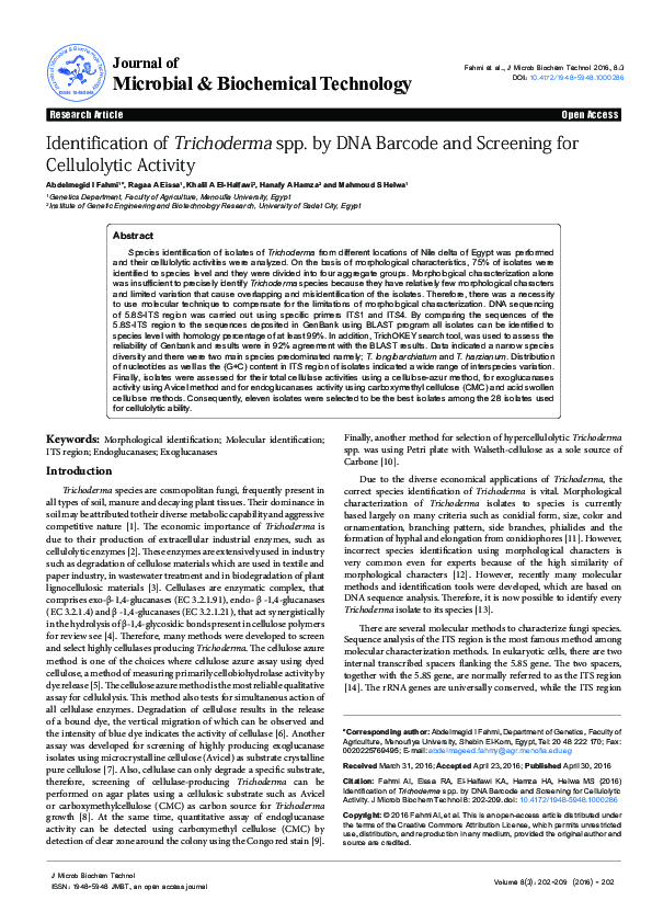 (PDF) Identification of Trichoderma spp. by DNA Barcode and Screening for Cellulolytic Activity