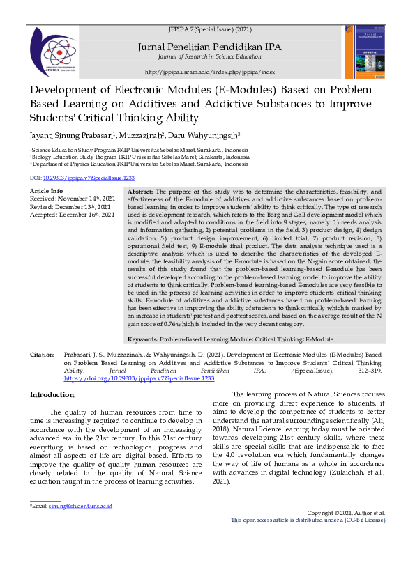 (PDF) Pengembangan Elektronik Modul Berbasis Problem Based Learning Pada Materi Zat Aditif Dan ...