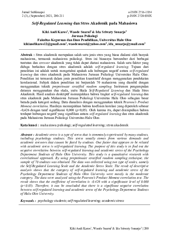 (PDF) Self-Regulated Learning dan Stres Akademik pada Mahasiswa