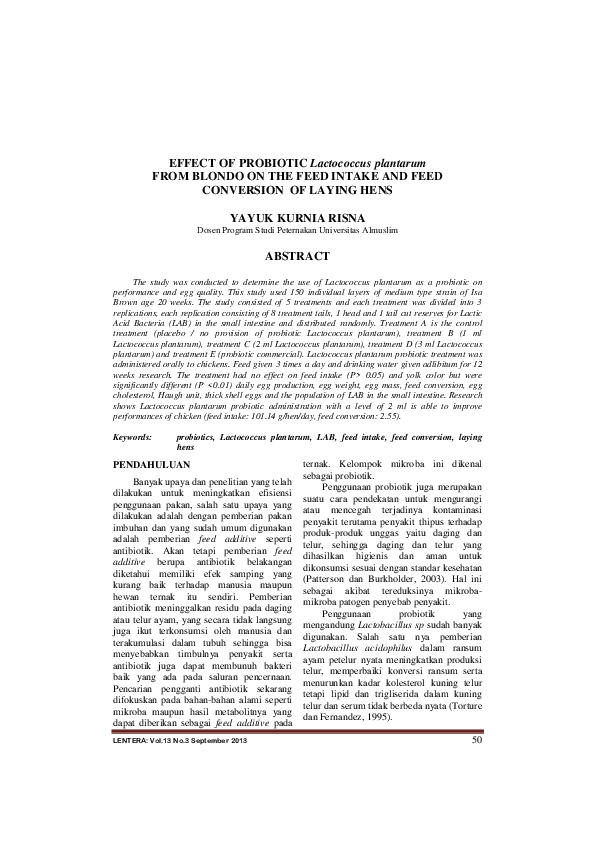 (PDF) EFFECT OF PROBIOTIC Lactococcus plantarum FROM BLONDO ON THE FEED ...