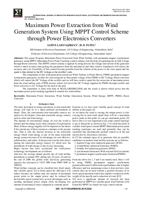 Pdf Maximum Power Extraction From Wind Generation System Using Mppt Control Scheme Through
