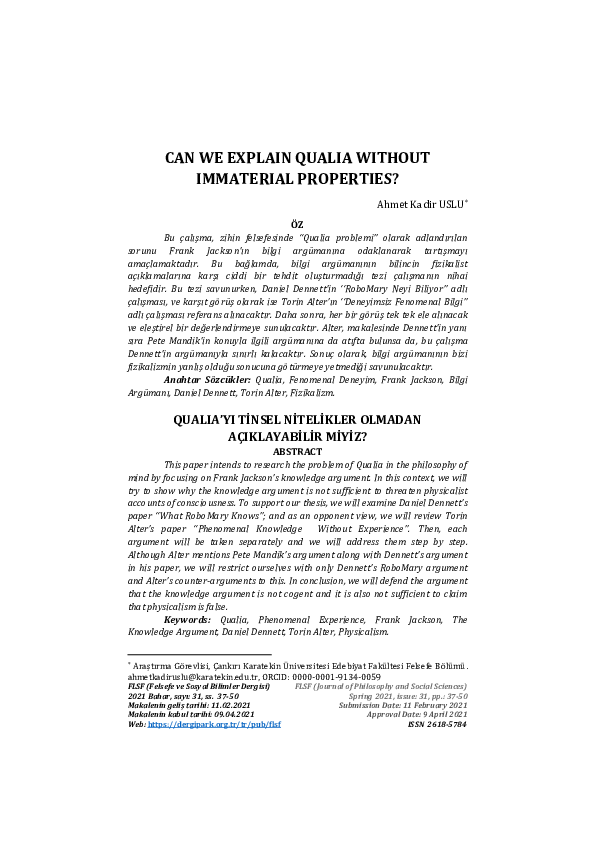 (PDF) CAN WE EXPLAIN QUALIA WITHOUT IMMATERIAL PROPERTIES?