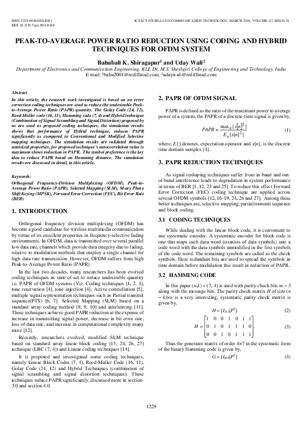 Pdf Peak To Average Power Ratio Reduction Using Coding And Hybrid Techniques For Ofdm System