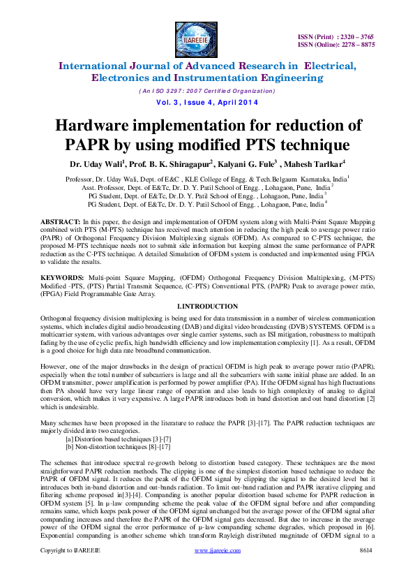 (PDF) Hardware implementation for reduction ofPAPR by using modified PTS technique