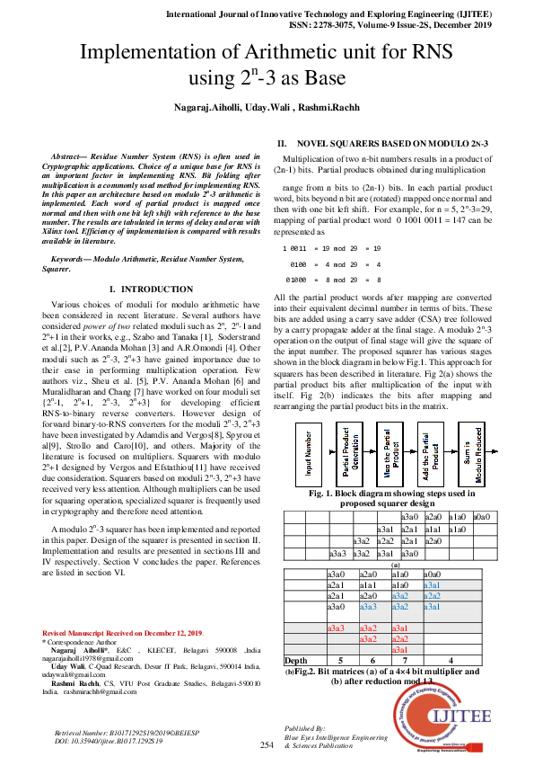 Pdf Implementation Of Arithmetic Unit For Rns Using 2n 3 As Base