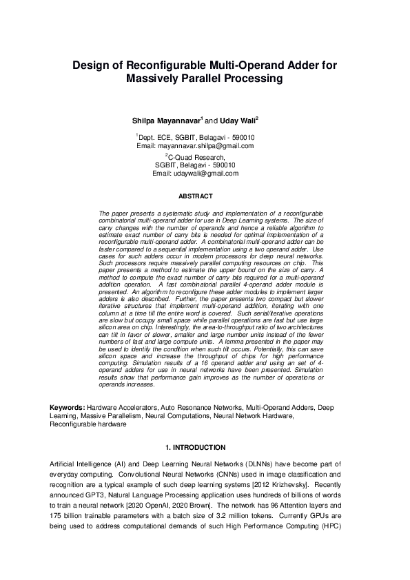 (PDF) Design of Reconfigurable Multi-Operand Adder for Massively Parallel Processing