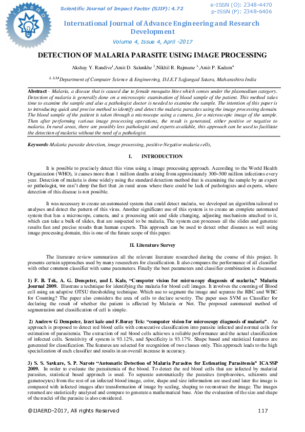 (PDF) Detection of Malaria Parasite Using Image Processing