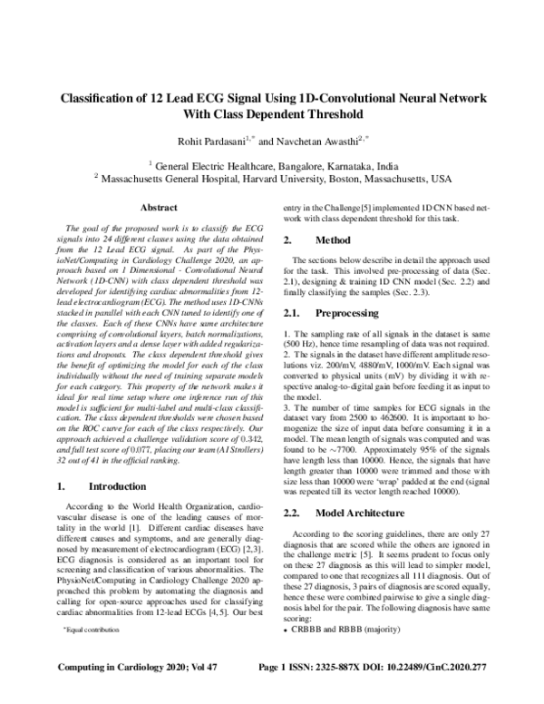 Pdf Classification Of 12 Lead Ecg Signal Using 1d Convolutional Neural Network With Class