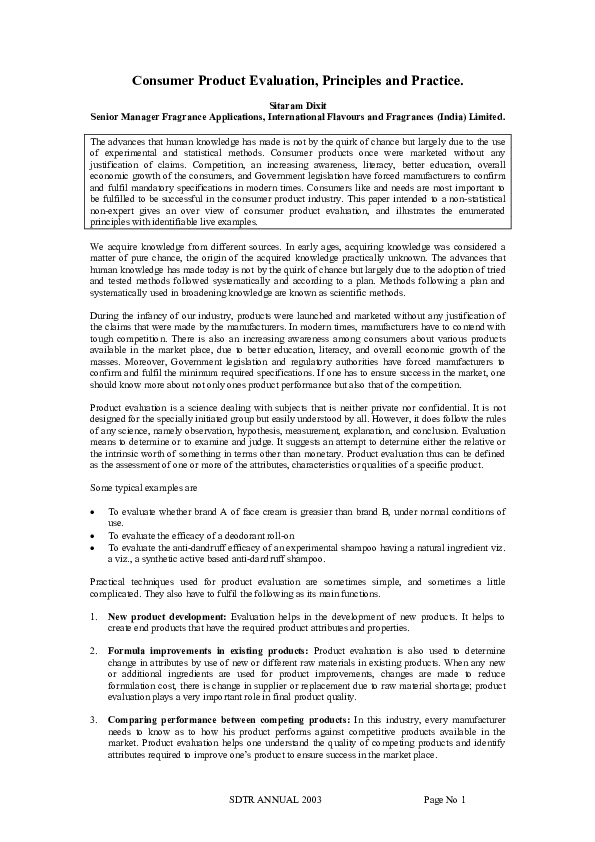 (PDF) Consumer Product Evaluation , Principles and Practice