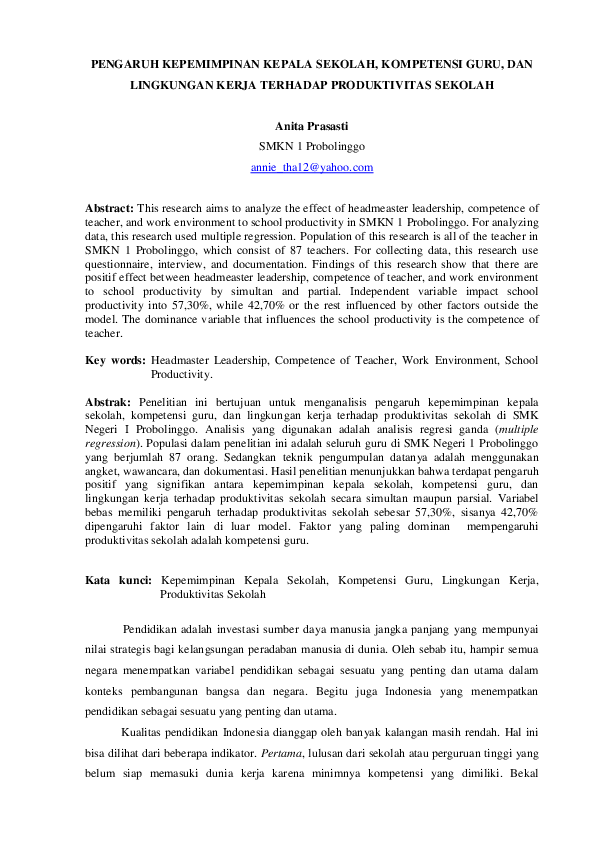 (PDF) Pengaruh Kepemimpinan Kepala Sekolah, Kompetensi Guru Dan Kompensasi Guru Terhadap Kinerja ...