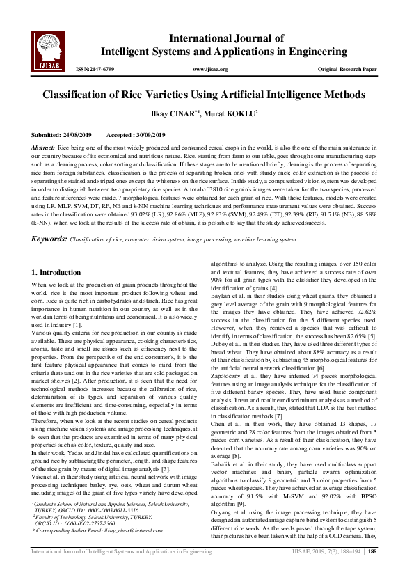 Pdf Classification Of Rice Varieties Using Artificial Intelligence
