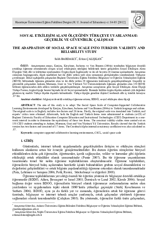 (PDF) The Adapdation of Social Space Scale Into Turkish : Validity and ...