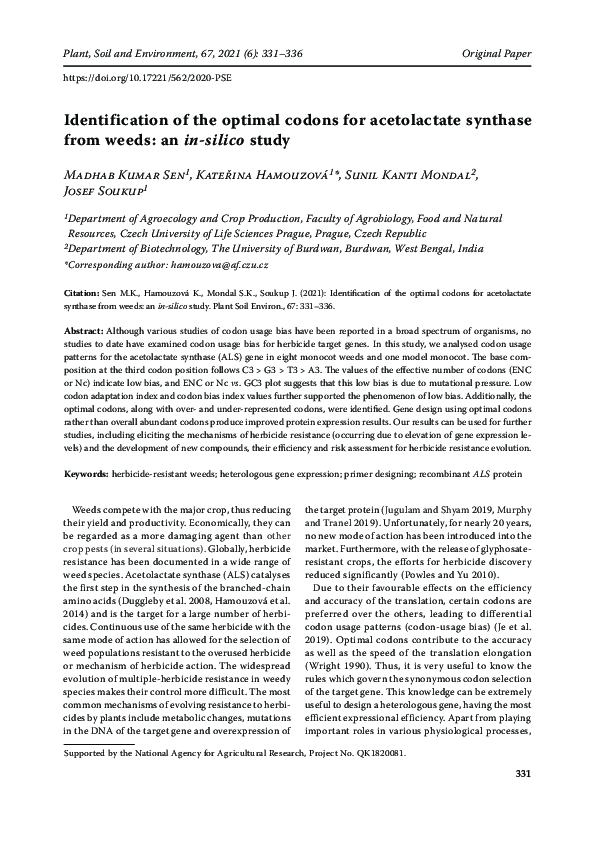 (PDF) Identification of the optimal codons for acetolactate synthase ...
