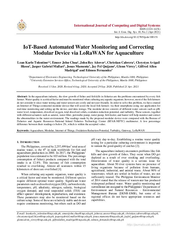 Pdf Iot Based Automated Water Monitoring And Correcting Modular Device Via Lorawan For Aquaculture