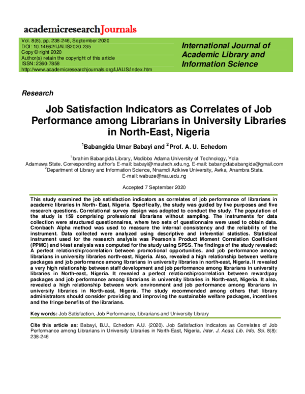 (PDF) Job Satisfaction Indicators as Correlates of Job Performance ...