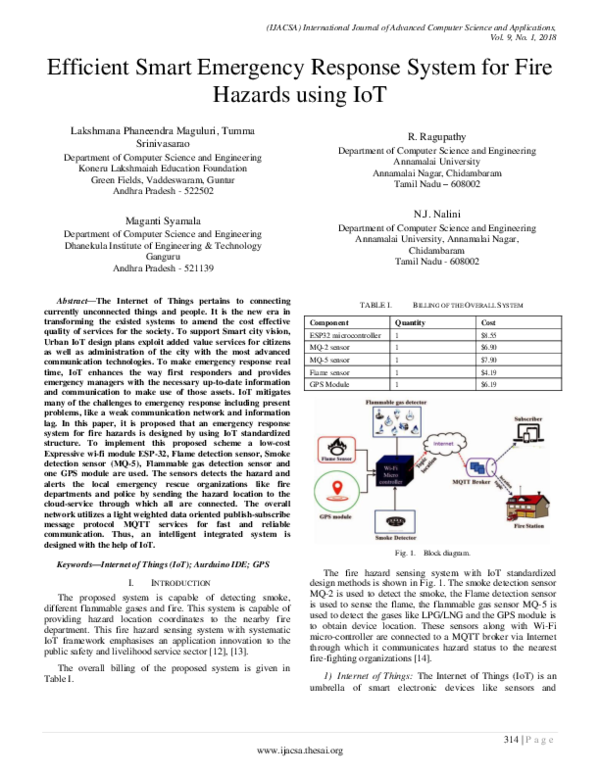 (PDF) Efficient Smart Emergency Response System for Fire Hazards using IoT