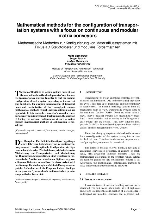 (PDF) Mathematical methods for the configuration of transportation ...