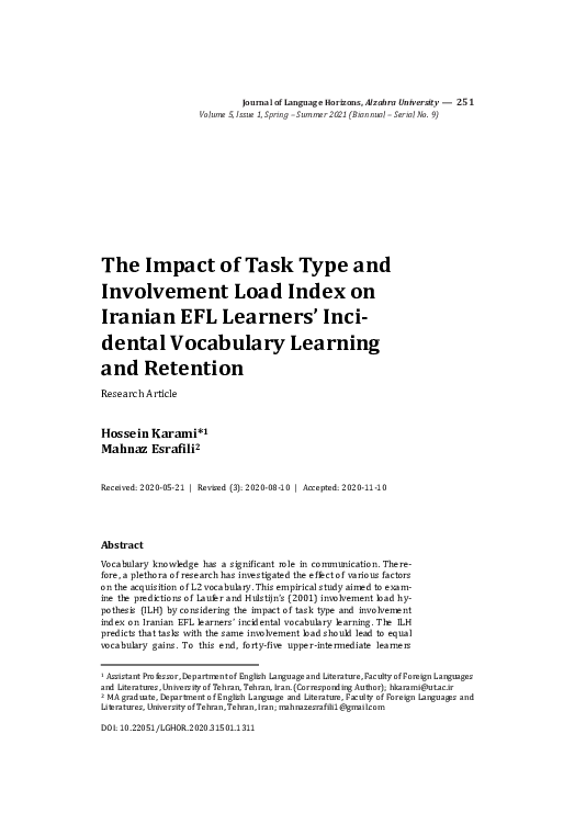 (PDF) The Impact of Task Type and Involvement Load Index on Iranian EFL ...
