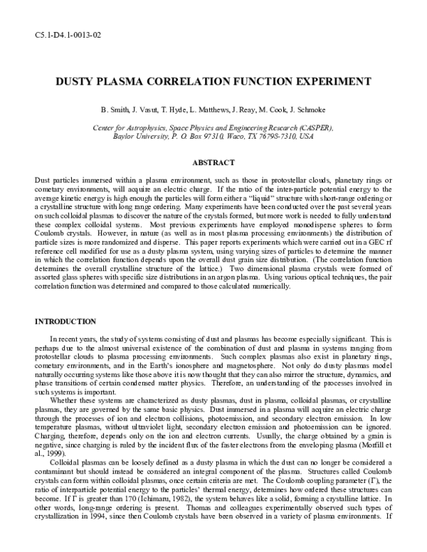 (PDF) Dusty plasma correlation function experiment