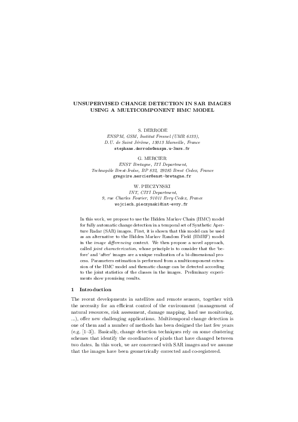 (PDF) Unsupervised change detection in SAR images using a multicomponent HMC model