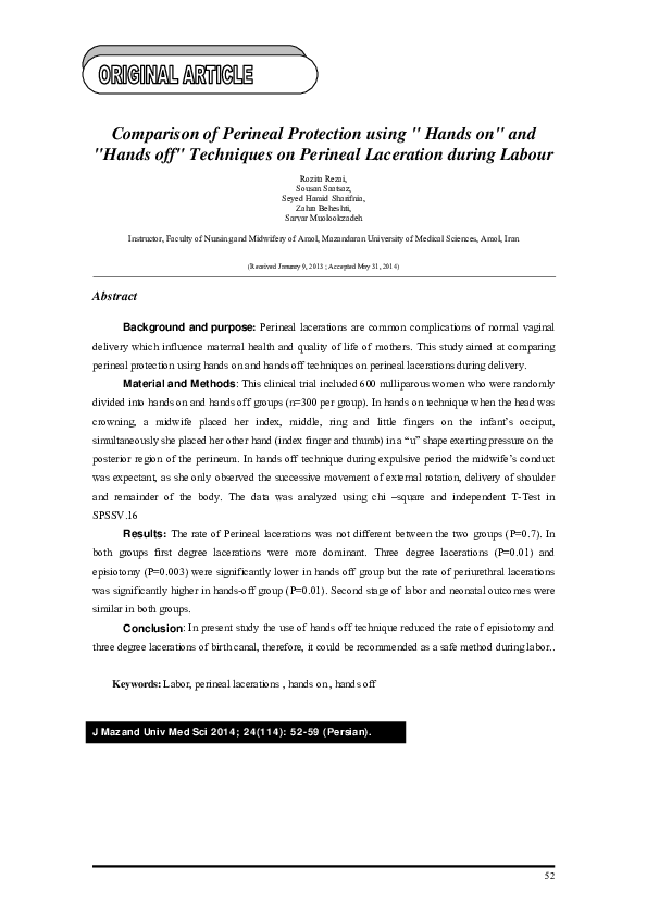 (PDF) Comparison of Perineal Protection using " Hands on" and "Hands ...