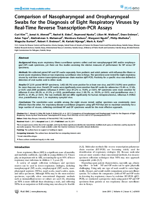 (PDF) Comparison of nasopharyngeal and oropharyngeal swabs for the ...