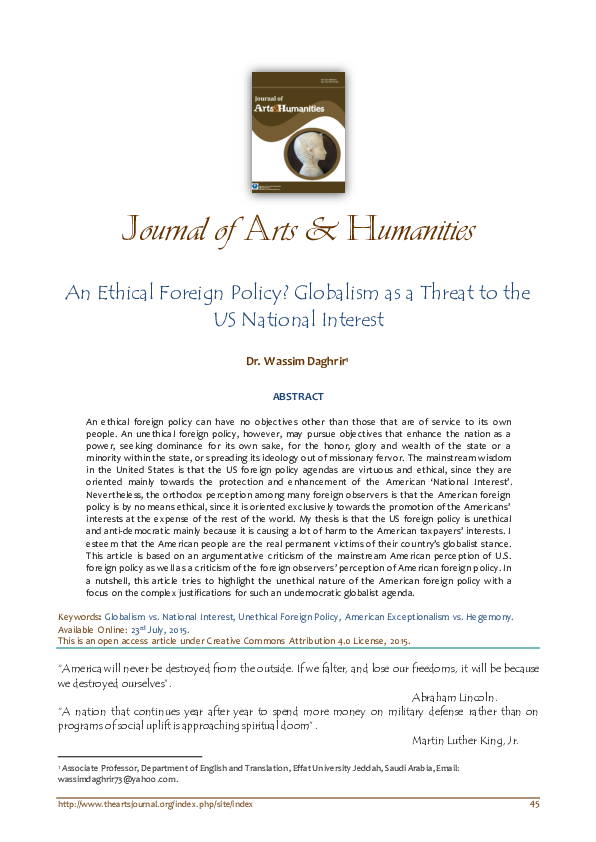 (PDF) An Ethical Foreign Policy? Globalism as a Threat to the US ...