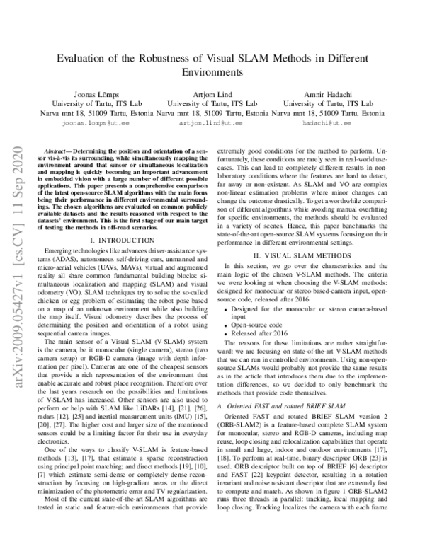 Pdf Evaluation Of The Robustness Of Visual Slam Methods In Different