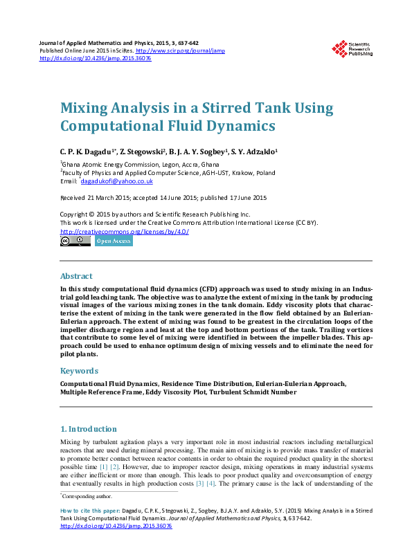 Pdf Mixing Analysis In A Stirred Tank Using Computational Fluid Dynamics