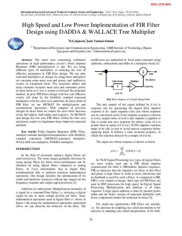 Pdf High Speed And Low Power Implementation Of Fir Filter Design Using Dadda And Wallace Tree