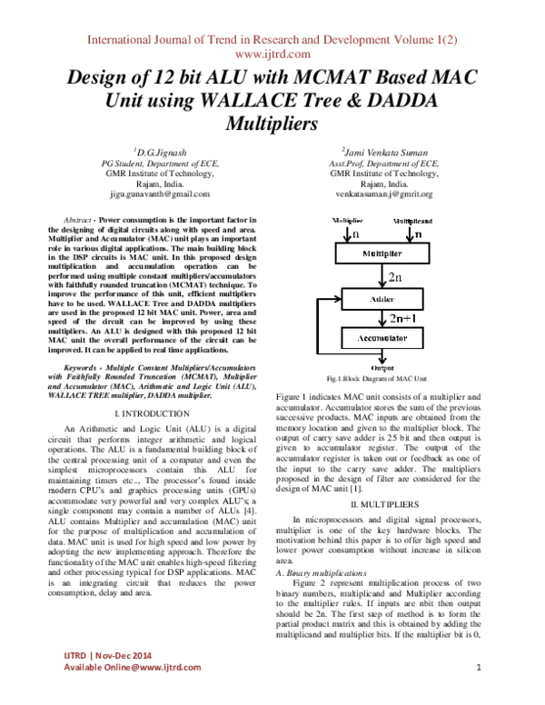 Pdf Design Of 12 Bit Alu With Mcmat Based Mac Unit Using Wallace Tree 4150