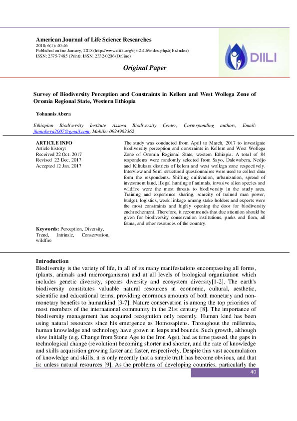 (PDF) Survey of Biodiversity Perception and Constraints in Kellem and ...