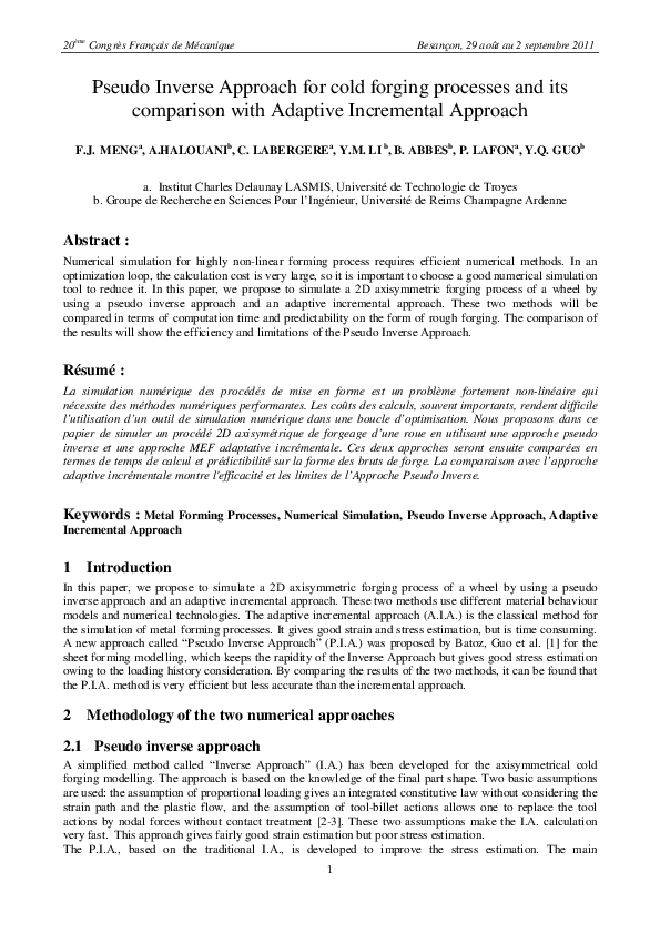 Pdf Pseudo Inverse Approach For Cold Forging Processes And Its