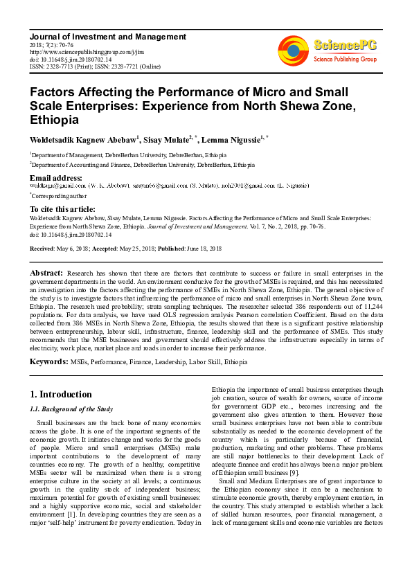 (PDF) Factors Affecting the Performance of Micro and Small Enterprises in Arada and Lideta Sub ...