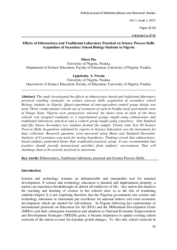 (PDF) Effects of Ethnoscience and Traditional Laboratory Practical on Science Process Skills ...