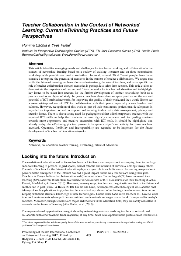 (PDF) Teacher Collaboration in the Context of Networked Learning. Current eTwinning Practices ...