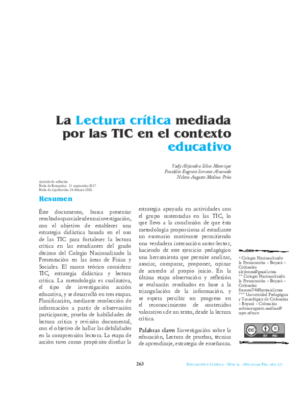 (PDF) La Lectura crítica mediada por las TIC en el contexto educativo