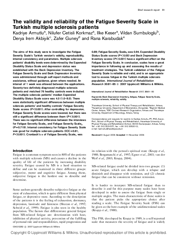 (PDF) The validity and reliability of the Fatigue Severity Scale in ...