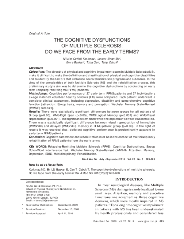 (PDF) The cognitive dysfunctions of multiple sclerosis: Do we face from the early terms?