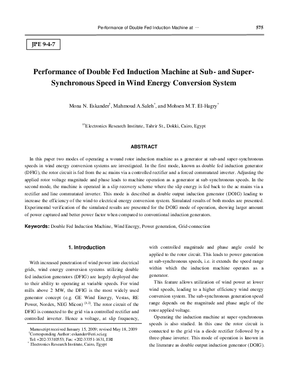 Pdf Performance Of Double Fed Induction Machine At Sub And Super Synchronous Speed In Wind