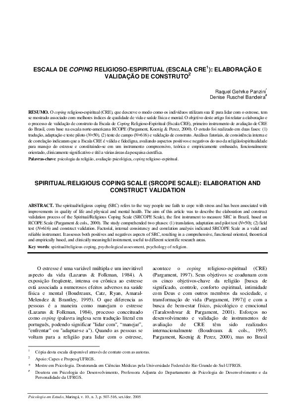 (PDF) Spiritual/religious coping scale (SRCOPE Scale): elaboration and construct validation