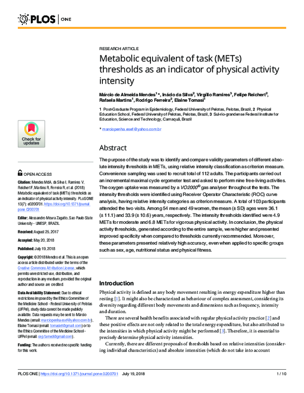 (PDF) Metabolic equivalent of task (METs) thresholds as an indicator of ...