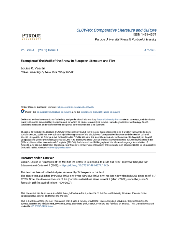 (PDF) Examples of the Motif of the Shrew In European Literature and Film