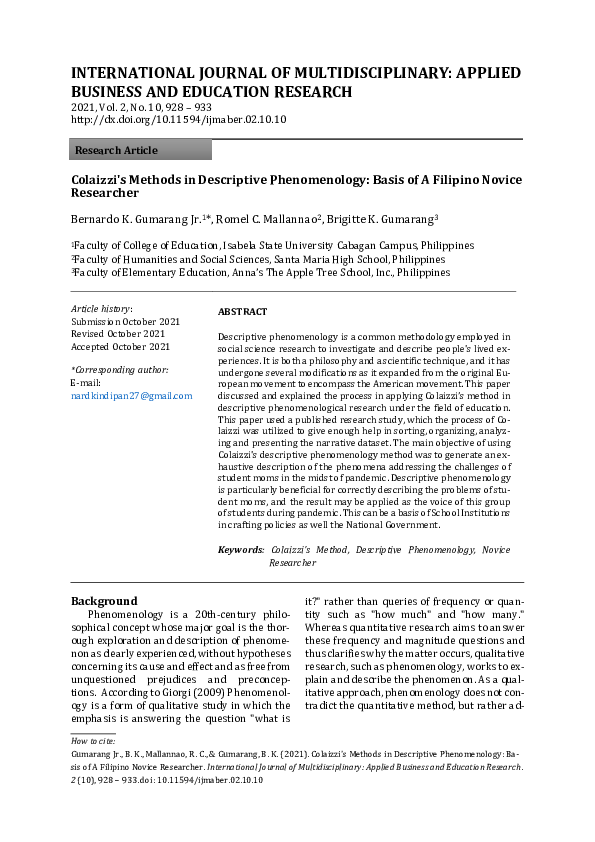 (PDF) Colaizzi's Methods in Descriptive Phenomenology: Basis of A ...