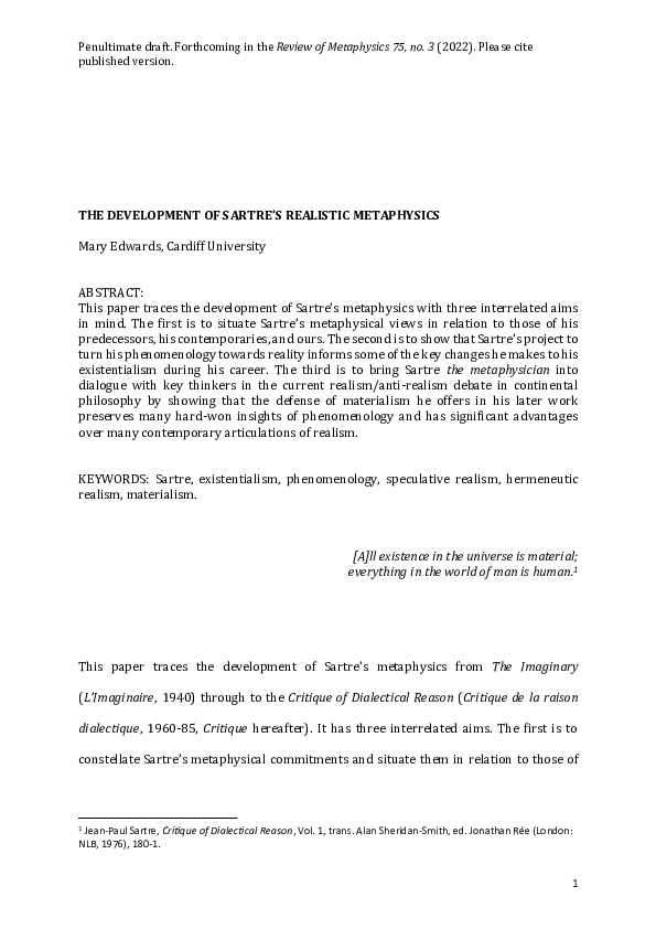 (PDF) The Development of Sartre's Realistic Metaphysics