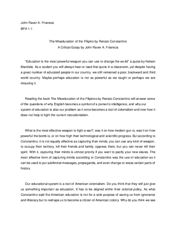 (PDF) The Miseducation of the Filipino by Renato Constantino A Critical Essay by John Raver A ...
