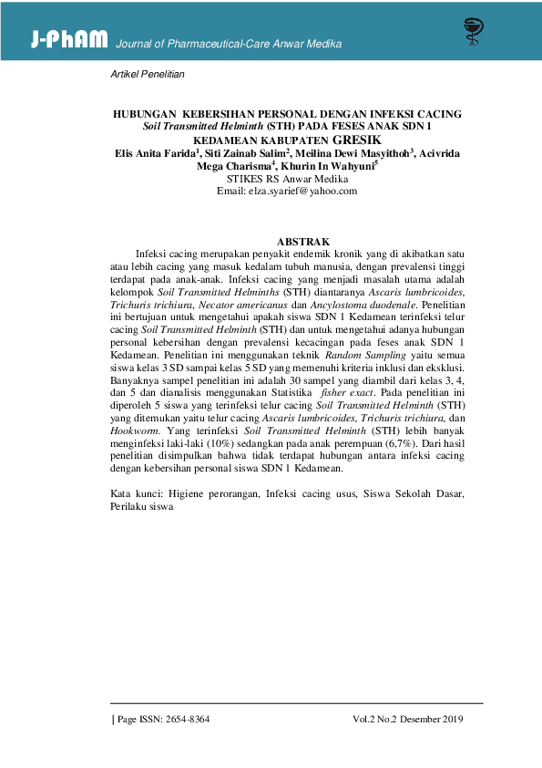 (PDF) HUBUNGAN KEBERSIHAN PERSONAL DENGAN INFEKSI CACING Soil Transmitted Helminth (STH) PADA ...